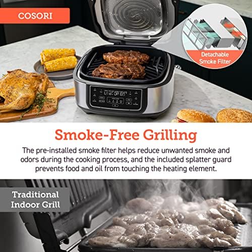 COSORI Electric Smokeless Indoor Grill & Smart XL Air Fryer Combo, 8-in-1, 6QT, 100 Recipes, Grill, Broil, Roast, Bake, Crisp, Dehydrate and More, Compatible with Alexa & Google Assistant, Silver