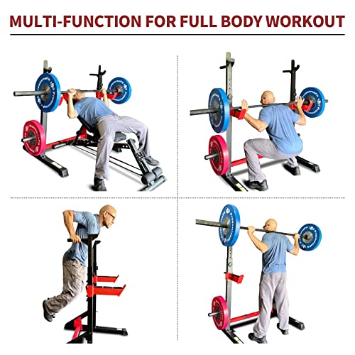 HARISON Multifunction Squat Rack with Adjustable Weight Bench, Heavy Duty Barbell Rack with Pull Up Bar Station for Home Gym