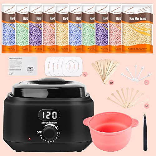 Hard Wax Kit for Hair Removal，Digital Wax Warmer with 10 Packs Hard Beads 、Silicon Wax Pot(Easy to Clean) and Wax Kit Accessories,For Sensitive Skin ,For Eyebrow, Facial, Armpit, Bikini, Brazilian,For Women and Men.