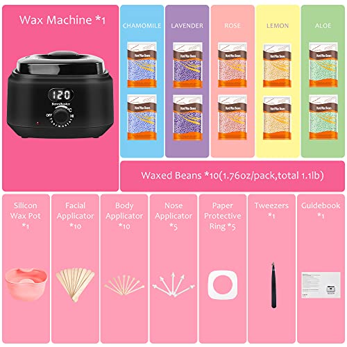 Hard Wax Kit for Hair Removal，Digital Wax Warmer with 10 Packs Hard Beads 、Silicon Wax Pot(Easy to Clean) and Wax Kit Accessories,For Sensitive Skin ,For Eyebrow, Facial, Armpit, Bikini, Brazilian,For Women and Men.