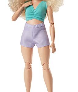 Barbie Looks Doll with Curly Blonde Hair Dressed in Ruched Crop Top & Satiny Lavender Shorts, Posable Made to Move Body For 6 years and older