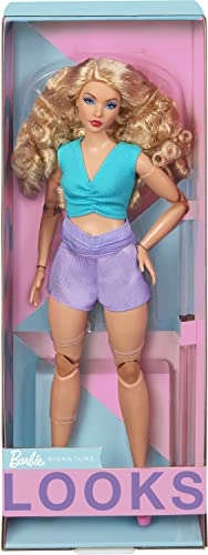 Barbie Looks Doll with Curly Blonde Hair Dressed in Ruched Crop Top & Satiny Lavender Shorts, Posable Made to Move Body For 6 years and older