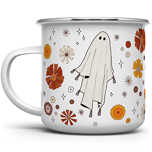 Retro Ghost Halloween Campfire Coffee Mug, Spooky Fall Season Outdoor Camping Cup (12oz)