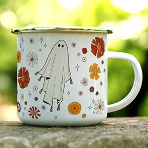 Retro Ghost Halloween Campfire Coffee Mug, Spooky Fall Season Outdoor Camping Cup (12oz)