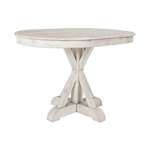 benjara dal 47 inch reclaimed pine wood dining table, crossed pedestal base, white