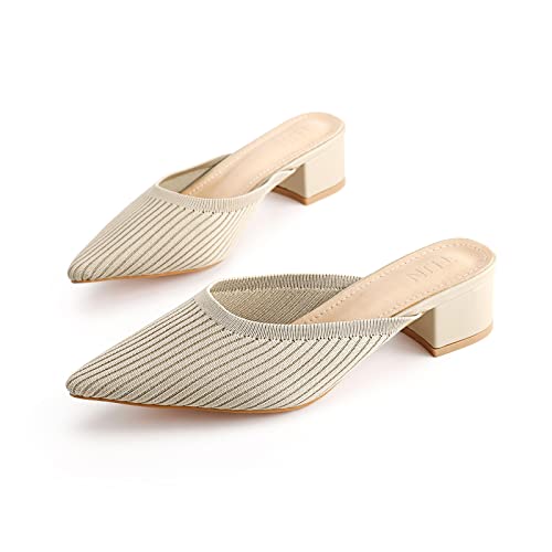 TIJN Pointed Toe Mules for Women Chunky Sandals Low Heeled Sandals Breathable Mesh Knit Slip on Flat Shoes(Helka) Cream