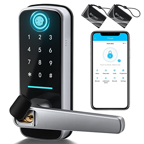 Smart Door Lock, OLUMAT Keyless Entry Door Lock Fingerprint Door Lock with Keypad Digital Door Lock with Handle for Home, Rental, Office and Hotel (Silver)