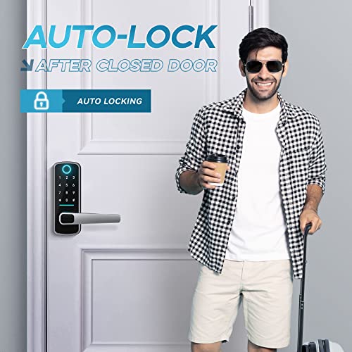 Smart Door Lock, OLUMAT Keyless Entry Door Lock Fingerprint Door Lock with Keypad Digital Door Lock with Handle for Home, Rental, Office and Hotel (Silver)