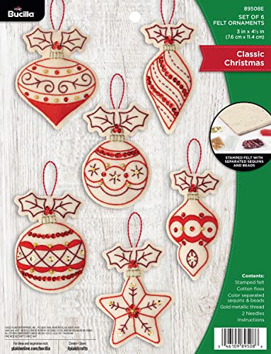 Bucilla Felt Applique 6 Piece Ornament Making Kit, Classic Christmas, Perfect for DIY Arts and Crafts, 89508E