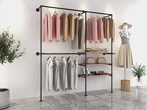 ONOTETUT Industrial Pipe Clothing Rack with Shelves,Industrial Clothing Rack for Hanging Clothes,75 Inch Wall Mounted Clothes Rack,Wall Clothes Rack,Industrial Pipe Clothes Rack With Wood Planks