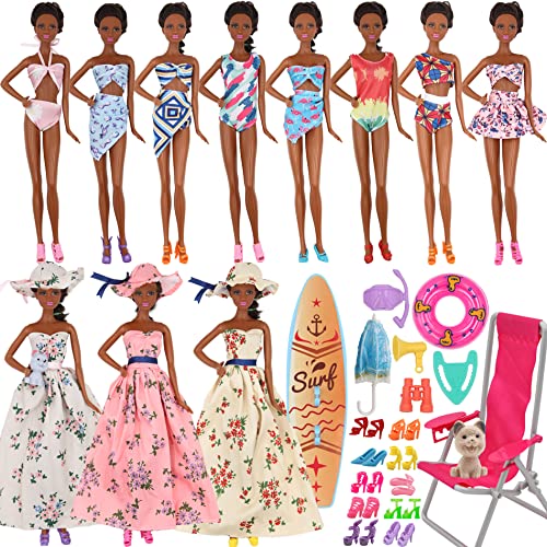 ZTWEDEN Doll Swimsuit Bikini Clothes and Beach Accessories for 11.5 Inch Girl Doll with Surfboard Diving Swim Accessories, 8 Bikini Swim Suit 3 Summer Dresses 10 Shoes Lifebuoys Beach Loungers