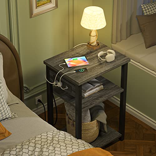 Aheaplus Sofa End/ Side Table Set of 2 with Charging Station, USB Ports & Outlets, 3 Tier Slim Narrow Bedside Nightstand with Storage Shelf for Bedroom, Living Room, Grey Oak