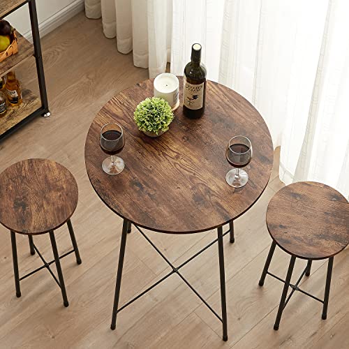 VECELO 3 Piece Pub Set, Round Bistro bar Table and Chairs Set of 2, Counter Height Wood top,Small Spaces Saving for Dining Room Breakfast, Classic Brown