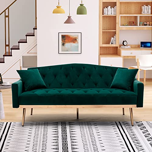 QHITTY Velvet Couch, Accent Sofa Couch Sleeper Loveseat Sofa Bed with Rose Gold Metal Feet and 2 Pillows for Living Room (Green)