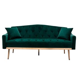 QHITTY Velvet Couch, Accent Sofa Couch Sleeper Loveseat Sofa Bed with Rose Gold Metal Feet and 2 Pillows for Living Room (Green)