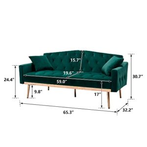 QHITTY Velvet Couch, Accent Sofa Couch Sleeper Loveseat Sofa Bed with Rose Gold Metal Feet and 2 Pillows for Living Room (Green)