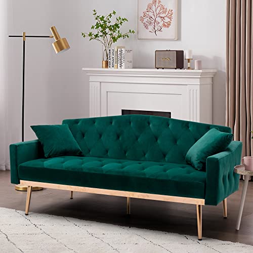 QHITTY Velvet Couch, Accent Sofa Couch Sleeper Loveseat Sofa Bed with Rose Gold Metal Feet and 2 Pillows for Living Room (Green)