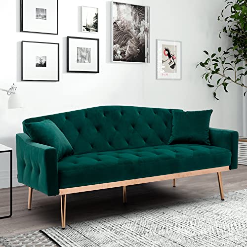 QHITTY Velvet Couch, Accent Sofa Couch Sleeper Loveseat Sofa Bed with Rose Gold Metal Feet and 2 Pillows for Living Room (Green)