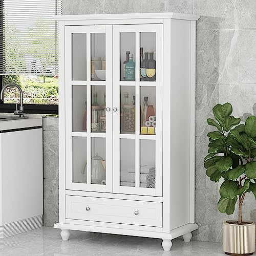 AIEGLE Storage Cabinet, Tall Display Cabinet Bookcase with Drawer & Glass Doors, Floor Locker Cabinet Bookshelf for Living Room Office, White (31.5" W x 15.7" D x 55.1" H)