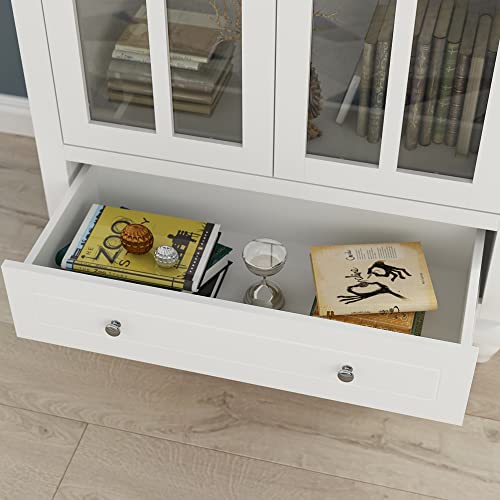 AIEGLE Storage Cabinet, Tall Display Cabinet Bookcase with Drawer & Glass Doors, Floor Locker Cabinet Bookshelf for Living Room Office, White (31.5" W x 15.7" D x 55.1" H)