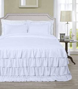 chezmoi collection celia 3-piece waterfall ruffle skirt bedspread set - french country chic farmhouse - california king, white