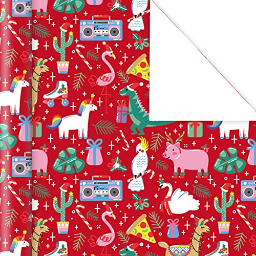 Birthday Gift Wrapping Paper Christmas for Kids Girls Boys 4 Sheets,28 x 20 Inch Per Sheet, Animal Xmas Pattern Folded Flat Red Gift Wrap for 1st Birthday Party Baby Shower Holiday Kindergarten and More