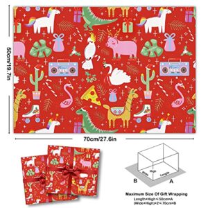 Birthday Gift Wrapping Paper Christmas for Kids Girls Boys 4 Sheets,28 x 20 Inch Per Sheet, Animal Xmas Pattern Folded Flat Red Gift Wrap for 1st Birthday Party Baby Shower Holiday Kindergarten and More