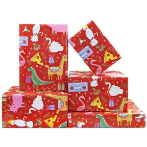 Birthday Gift Wrapping Paper Christmas for Kids Girls Boys 4 Sheets,28 x 20 Inch Per Sheet, Animal Xmas Pattern Folded Flat Red Gift Wrap for 1st Birthday Party Baby Shower Holiday Kindergarten and More