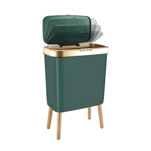 trash can with lid, plastic garbage can with push button, modern waste basket for kitchen, slim bedroom garbage bin, 15l bathroom trash can for home, living room, toilet, office (gold edge)