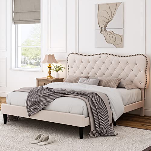 HOSTACK Full Size Bed Frame, Linen Fabric Upholstered Platform with Adjustable Headboard, Diamond Tufted Mattress Foundation with Wood Slats, Easy Assembly, No Box Spring Needed, Beige