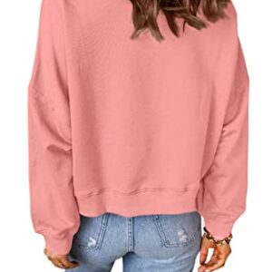 Womens Casual Long Sleeve Sweatshirts Button Up V Neck Sweatshirt Loose Solid Pullover Tops Pink