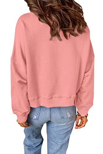 Womens Casual Long Sleeve Sweatshirts Button Up V Neck Sweatshirt Loose Solid Pullover Tops Pink