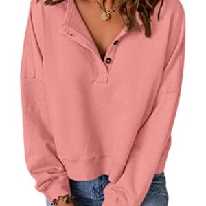 Womens Casual Long Sleeve Sweatshirts Button Up V Neck Sweatshirt Loose Solid Pullover Tops Pink