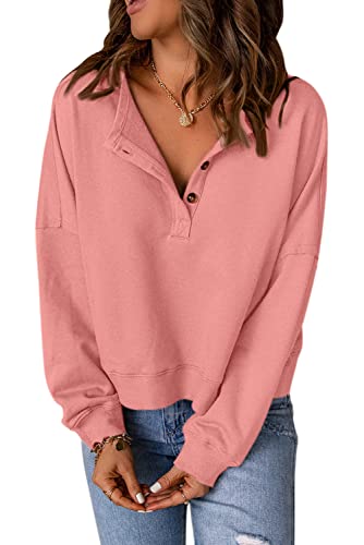 Womens Casual Long Sleeve Sweatshirts Button Up V Neck Sweatshirt Loose Solid Pullover Tops Pink