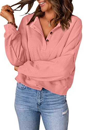 Womens Casual Long Sleeve Sweatshirts Button Up V Neck Sweatshirt Loose Solid Pullover Tops Pink