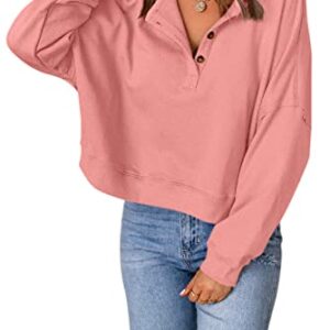 Womens Casual Long Sleeve Sweatshirts Button Up V Neck Sweatshirt Loose Solid Pullover Tops Pink