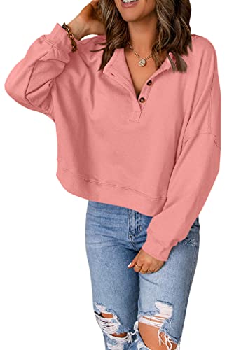 Womens Casual Long Sleeve Sweatshirts Button Up V Neck Sweatshirt Loose Solid Pullover Tops Pink