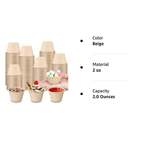 Romooa 300 Pieces Bagasse Fiber Souffle Cups Mini Paper Disposable Condiment Food Sample Small Sauce Container Portion Bowls Dipping for Snack Dessert Storage (2 oz), Beige