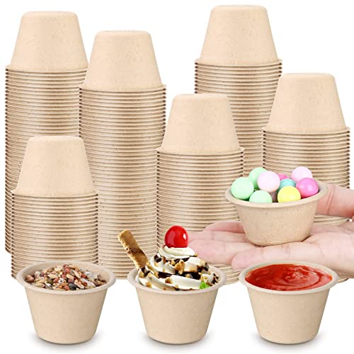 Romooa 300 Pieces Bagasse Fiber Souffle Cups Mini Paper Disposable Condiment Food Sample Small Sauce Container Portion Bowls Dipping for Snack Dessert Storage (2 oz), Beige