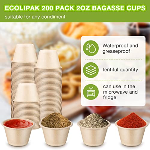 Romooa 300 Pieces Bagasse Fiber Souffle Cups Mini Paper Disposable Condiment Food Sample Small Sauce Container Portion Bowls Dipping for Snack Dessert Storage (2 oz), Beige