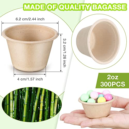 Romooa 300 Pieces Bagasse Fiber Souffle Cups Mini Paper Disposable Condiment Food Sample Small Sauce Container Portion Bowls Dipping for Snack Dessert Storage (2 oz), Beige