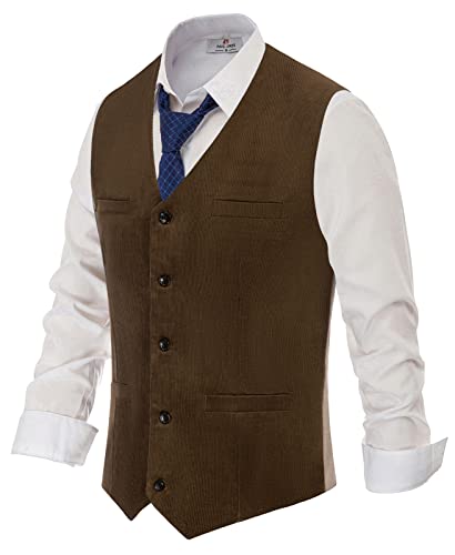 PJ PAUL JONES Mens 1940s Button Down Vests Solid Retro Slim Fit Waistcoat Brown L