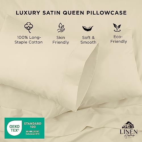 Linen Home 500 Thread Count Queen Pillowcase Set | 100% Long-Staple Cotton Pillow Cases | Luxury Satin Queen Pillowcases | Soft & Smooth Set of 2 Pillowcases | 4 Inch Z Hem | Ivory