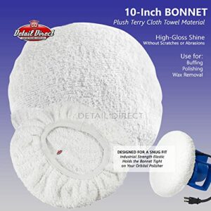 Detail Direct 10'' Polishing Bonnet, Cotton Terry Cloth for Orbital Polishers, Apply or Remove Car Wax or Polish (2 Pack), White