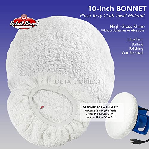 Detail Direct 10'' Polishing Bonnet, Cotton Terry Cloth for Orbital Polishers, Apply or Remove Car Wax or Polish (2 Pack), White