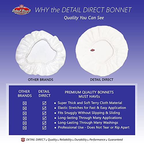 Detail Direct 10'' Polishing Bonnet, Cotton Terry Cloth for Orbital Polishers, Apply or Remove Car Wax or Polish (2 Pack), White