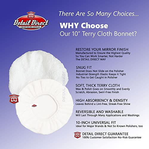 Detail Direct 10'' Polishing Bonnet, Cotton Terry Cloth for Orbital Polishers, Apply or Remove Car Wax or Polish (2 Pack), White