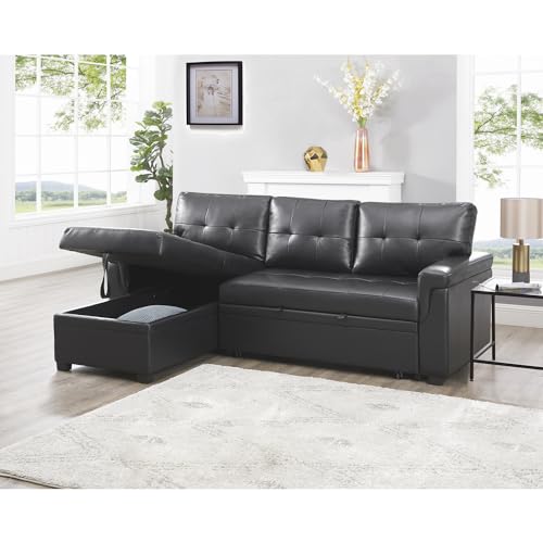 Naomi Home Modern Sectional Sofa with Storage Chaise Black/Air Leather