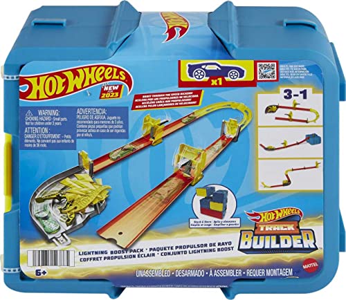 Hot Wheels Track Builder Playset Lightning Boost Pack, 12 Component Parts & 1:64 Scale Toy Car in Storage Container