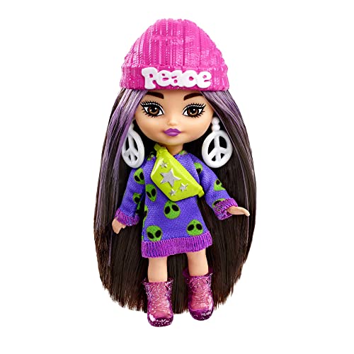 Barbie Extra Mini Minis Doll with Brunette Hair, Alien Sweater Dress & Peace Sign-Themed Accessories & Stand, 3.25-inch